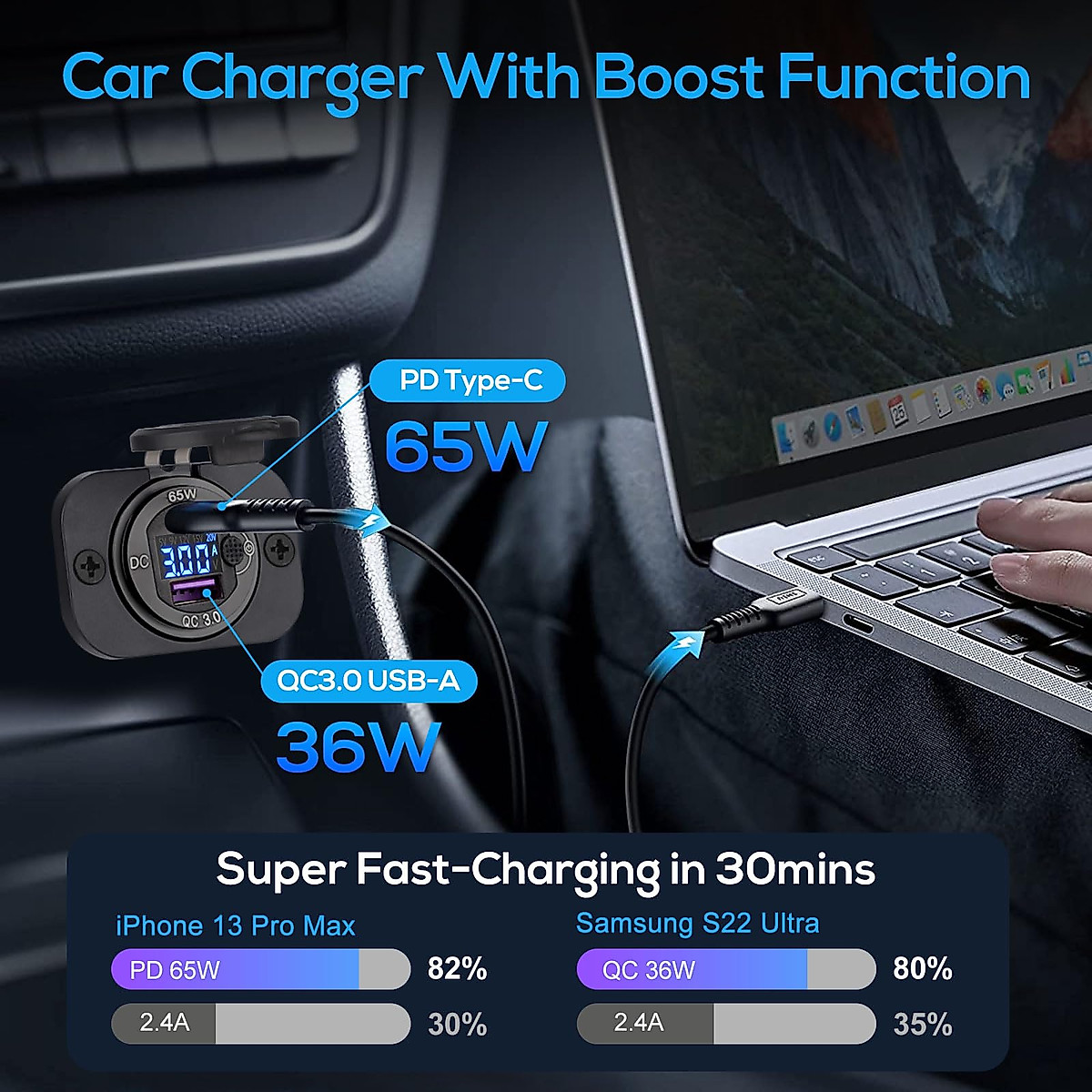 Linkstyle USB Charger Socket, 36W QC3.0 USB A & 65W USB C Socket with Dual Display Voltmeter Voltage for 12/24V Car Marine