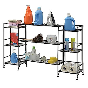Convenience Concepts Xtra Storage 3 Tier Folding Metal Shelves with Set of 3 Deluxe Extension Shelves - Organizer for Living Room, Office, Bedroom, Garage, Kitchen, Bathroom, Black