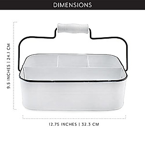 AuldHome Large Rustic Caddy; 4-Section White Enamelware Farmhouse Style Organizer with Handle