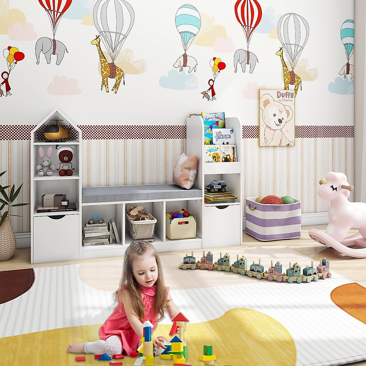 Vabches Kids Bookshelf Toy Storage Organizer, Multifunctional Bookcase with Reading Nook 7 Storage Cubbies and 2 Movable Drawers, Bookcase with Seat Cushion for Children's Room, Playroom, Bedroom