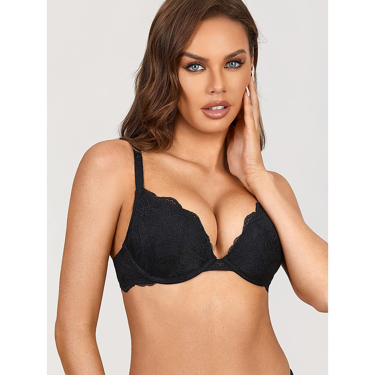DOBREVA Women's Push Up Lace Bra Underwire Plunge Full Coverage Bras Sexy Plus Size Support Black 40B