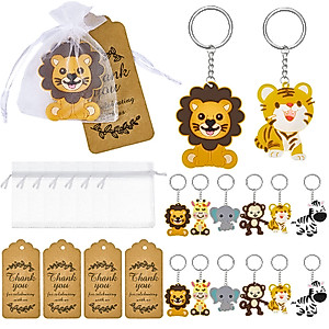 54 Pieces Cute Jungle Animal Keychains Safari Baby Shower Decorations Zoo Animals Decoration with Thanks Tags and Organza Bags for Birthday Favor