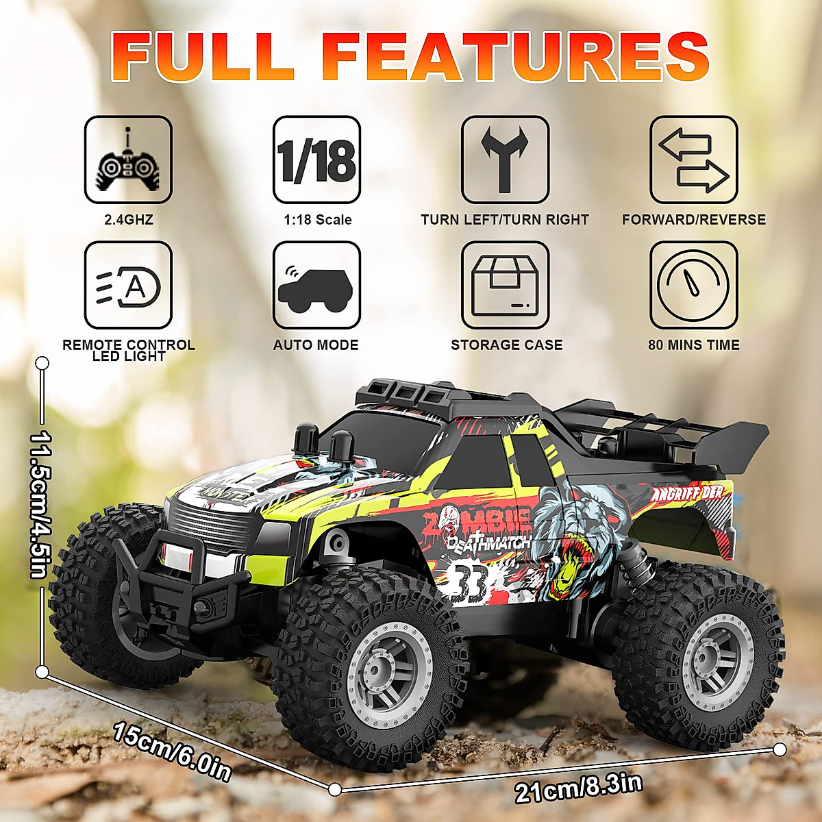 Remote Control Car for Boys & Girls, All Terrain & Off-Road Monster Truck with Flash LED,2 Rechargeable Batteries for 80 Mins Play,2.4GHz, Perfect Birthday
