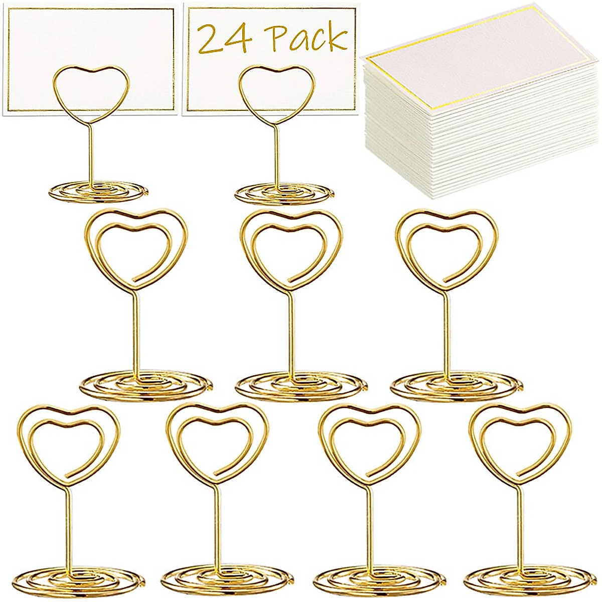 Toncoo 24 Pcs Mini Place Card Holders and 24 Pcs Place Cards with Gold Foil Border, Table Number Stand with Heart Shape, Table Card Holder Photo Picture Holder Memo Menu Clips for Wedding, Birthday