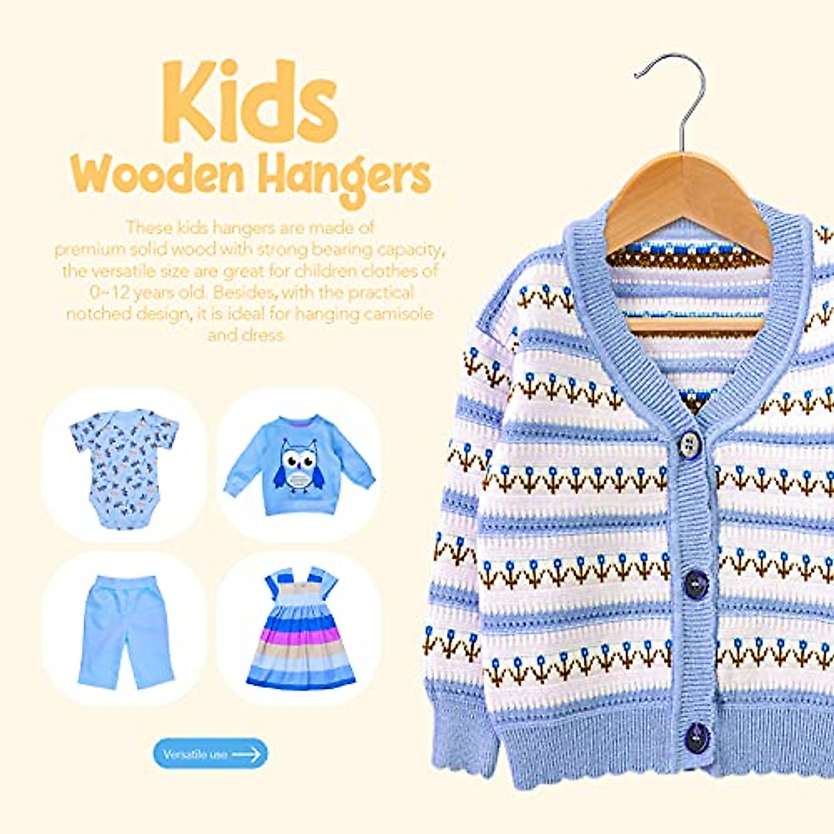 CozyMood Childrens Wooden Hangers Kids Hangers, 20 Pack Baby Hangers Nursery Wood Hangers, 360° Swivel Hook Non Slip Coat Hanger for for Coats, Suits, Pants and Jackets (Natural)