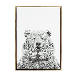 Kate and Laurel Sylvie Bear Animal Print Black and White Portrait Framed Canvas Wall Art by Simon Te Tai, 23x33 Gold