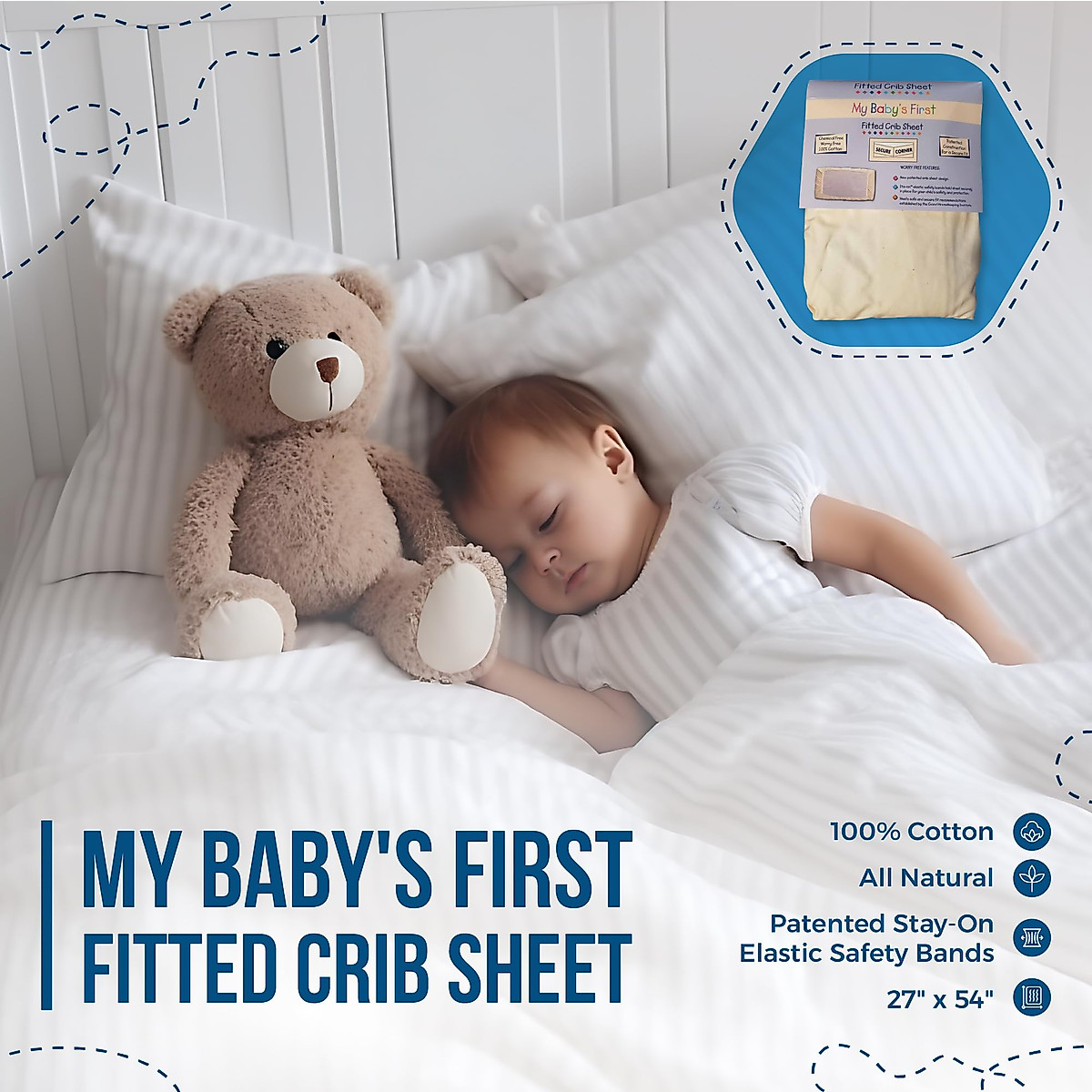 My Baby's First Fitted Crib Sheet, 100% Cotton, All Natural, Patented Sta-On Elastic Safety Bands, 27" x 54"
