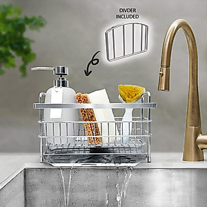 Soon Neat Sink Caddy with a divider - Kitchen Sink Organizer - Quick Draining, Stainless Steel Tray