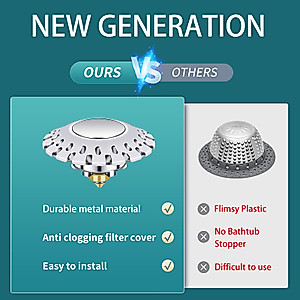 Universal Tub Stopper Bathtub Drain Plug, Pop Up Drain Hair Catcher Copper Dual Filtration, Replaces Bath Tub Lift & Turn, Tip-Toe & Trip Lever, 2 in 1 Strainer Cover for 1.45 to 1.85" Drain Hole