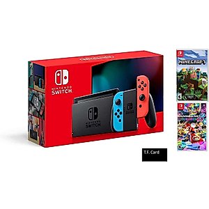 Nintendo Switch Deluxe Holiday Game Bundle: Nintendo Switch with Neon Blue and Neon Red - 6.2" Touchscreen LCD Display + Nintendo Switch Minecraft game + Mario Kart 8 game and T.F. Card