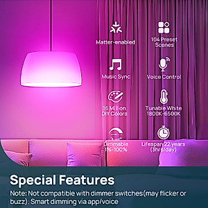 Linkind Matter Smart Light Bulb,1600LM 100W Smart Bulbs Work with Alexa/Apple Home/Google Home/SmartThings, RGBTW LED Color Changing Bulbs Music Sync, 2.4GHz Wi-Fi Light Bulbs LED 11W, A21 E26, 2Pack