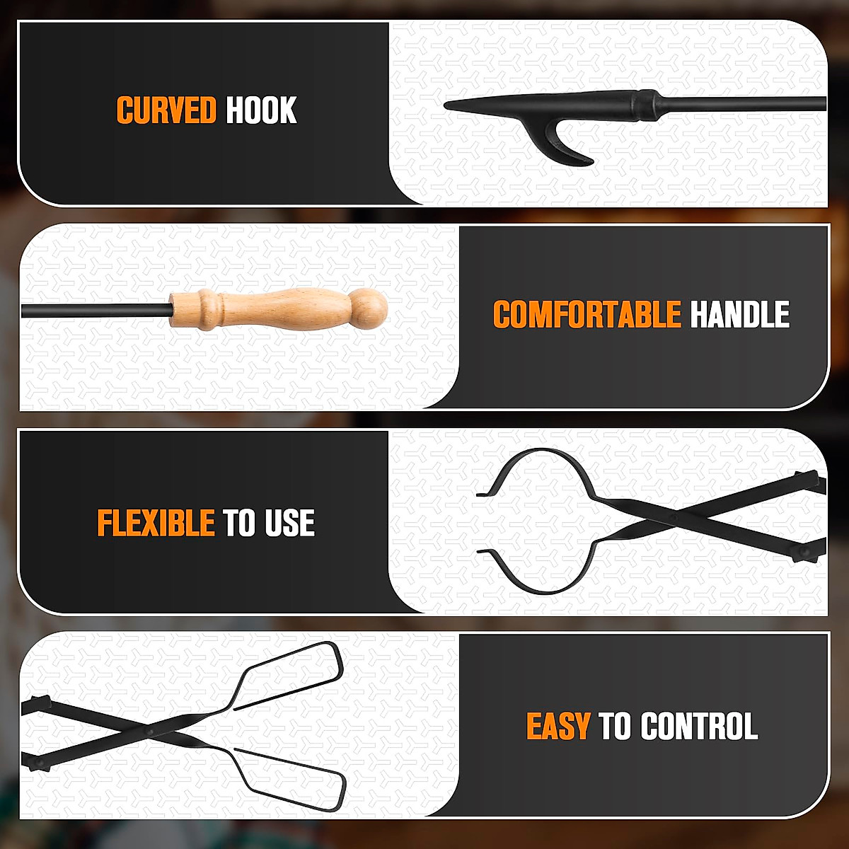 Firewood Carrier + Fire Poker + Fireplace Tongs - Fire Pit Tools for Indoor and Outdoor Use, Log Carrier for Firewood, 32 Inch Fire Poker, 26 Inch Fire Tongs, Fireplace Tools