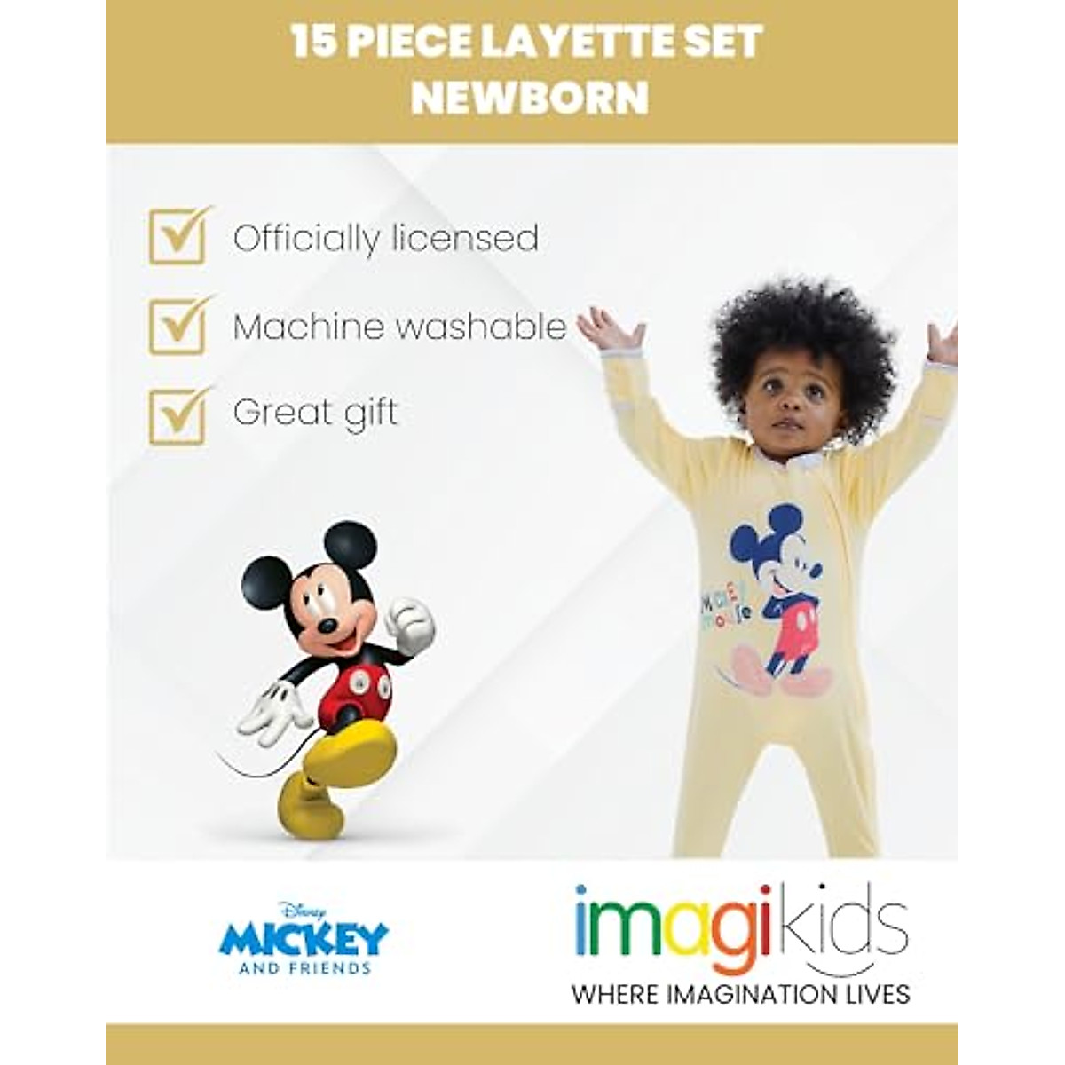 Disney Mickey Mouse Baby Boys Coverall Bodysuits T-Shirts Pants Accessories and Blanket 15 Piece Layette Set 0-6 Months