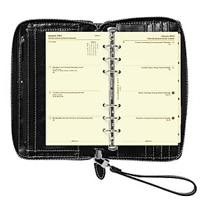 Filofax Malden Zip Organizer, Personal Compact Size, Black - Tactile, Full-Grain Buffalo Leather, Six Rings, with Cotton Cream Week-to-View Calendar Diary, Multilingual, 2024 (C022630-24)