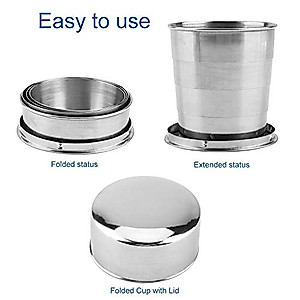 250ml Stainless Steel Collapsible Cup, 4-Folding Portable Camping Mug Travel Cup with Lid and Keychain for Outdoor Drinking