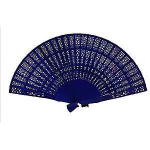 PHONME Decorative Folding Fans Vintage Flower Pattern Fan Hollow Wooden Hand Fan Gift Hand-Held Folding Fan for Women Wedding Dancing Party Decoration Elegant Hand Fans Vintage Style (Color : Navy)