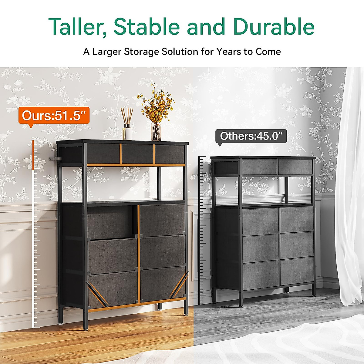 AODK Dresser with Charging Station, 52 Inches Tall Dresser for Bedroom with 9 Storage Drawers, Large Fabric Dressers for Hallway, Dark Grey