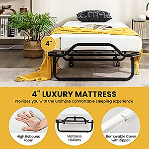 Giantex Folding Bed with Mattress for Adults, Portable Guest Bed with 4 Inch Foam Mattress & Solid Wood Slats, Cot Size Foldable Bed with Lockable Wheels, Rollaway Bed for Home Office, 78 x 31 Inch