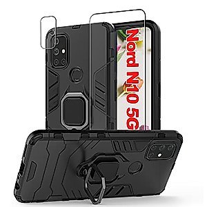 Jusy [3p] Oneplus Nord N10 5G Case & Tempered Glass Screen Protector & Camera Protector for 1+ Nord N10, Protective Case with Rotate Holder Kickstand and Magnetic Plate for Oneplus Nord N10 (Black)