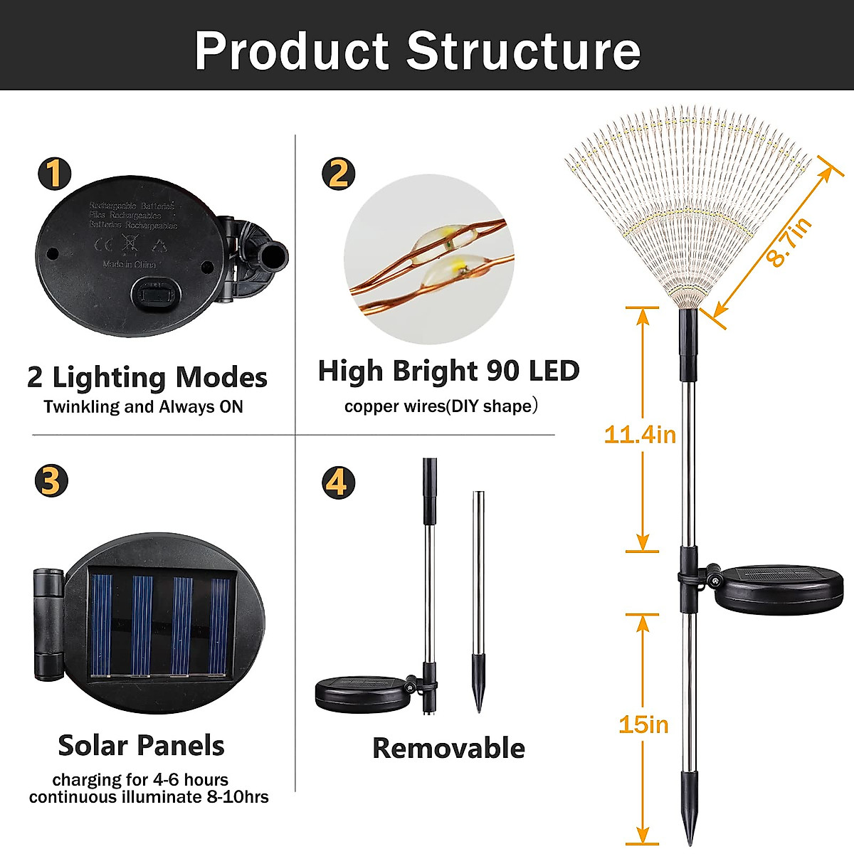 2-Pack Solar Garden Lights Outdoor Decorations, 180 LED Solar Firework Lights Waterproof with 2 Modes, String Solar Powered Lights Outdoor for Pathway Yard Party Wedding Patio Walkway(Warm White)
