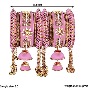 Aheli Wedding Party Designer Velvet Faux Stone Studded Bridal Bangle Set Chuda with Hangings Indian Traditional Ethnic Fashion Jewelry for Women Pink