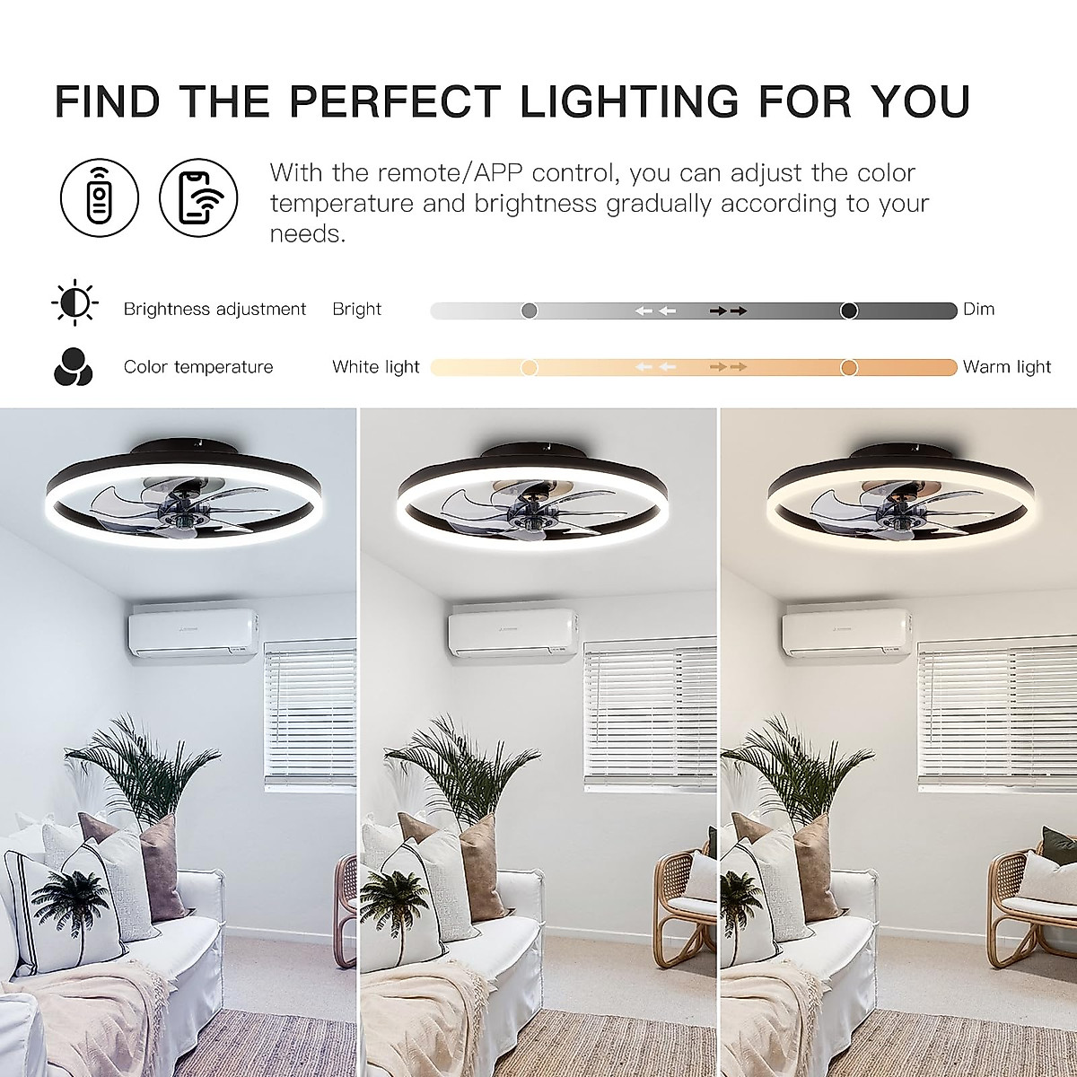 STERREN 20'' Modern Low Profile Ceiling Fan with Light, Bedroom LED Ceiling Fan with Remote Control, Bladeless Flush Mount Black Fan Lights Ceiling Fixtures for Living Room,Small Room