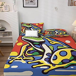 zcsm Frog Sheets Full Size Sheet Sets - Cartoon Amphibian Bed Sheets, Soft Microfiber & Deep Pocket & Wrinkle Free Patterned Bedding Sheets & Pillowcases, 1 Fitted Sheet, 1 Flat Sheet, 2 Pillow Cases