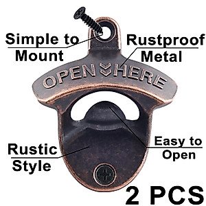 HAIICEN Vintage Copper Bottle Cap Opener Wall Mount, Retro Beer Bottle Opener with Screws for Homes Kitchen (Pack of 2)
