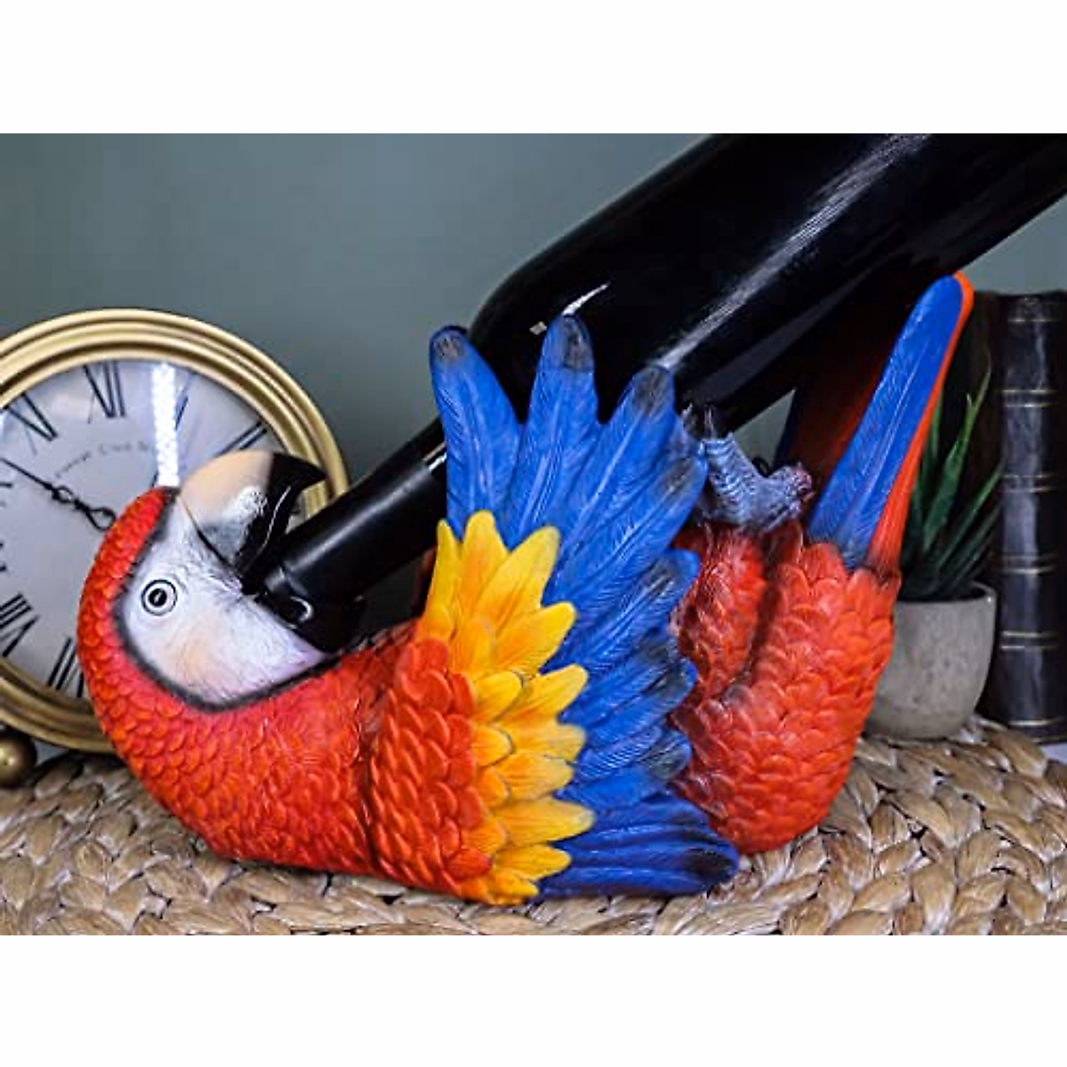 Ebros Gift Tropical Rio Rainforest Red Scarlet Macaw Parrot Wine Bottle Holder Caddy Figurine 10.25" Long Kitchen Dining Party Hosting Decor Statue of South American Evergreen Forest Birds