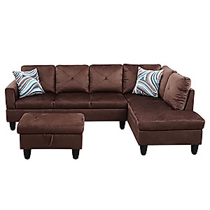 SOCOUCH Corduroy Fabric Sectional Corner Sofa, L-Shape Couch with Storage Ottoman, Living Room Furniture Sets Design for Large Space Dorm Apartment Office, Right Chaise, Brown