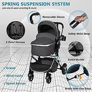 Kinder King 2 in 1 Convertible Baby Stroller, Folding High Landscape Infant Carriage, Newborn Reversible Bassinet Pram, Adjustable Canopy, Diaper Bag, Anti-Shock Toddler Pushchair Stroller, Dark Grey
