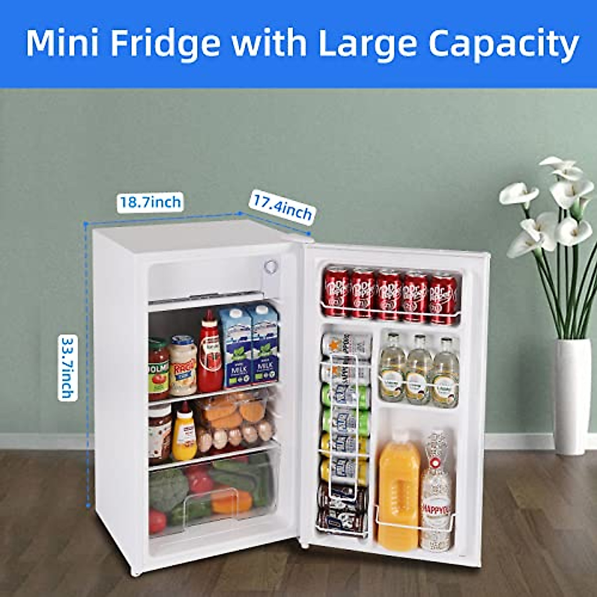 BANGSON Mini Fridge with Freezer, 3.2Cu.Ft, Reversible Door Mini Fridge, Adjustable Thermostat Control, Mini Fridge for Bedroom, Office, and Dorm, White