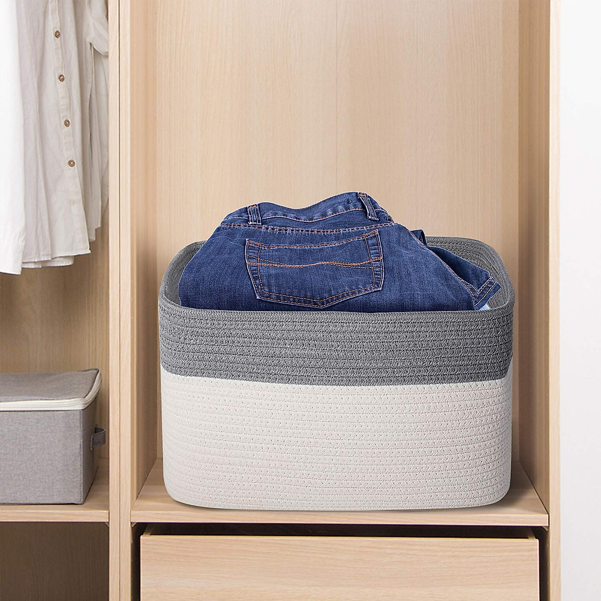 ANMINY Woven Cotton Rope Storage Baskets with Handles Large Washable Basket Decorative Storage Bins Boxes Nursery Baby Kid Toy Blanket Clothes Towel Laundry Organizer Containers - White/Gray