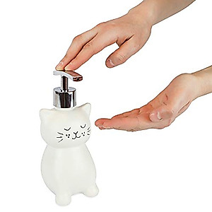 Isaac Jacobs White Ceramic Cat, Liquid Soap Pump/Lotion Dispenser with Chrome Metal Pump (Holds Up to 12 Oz) – Great for Bathroom, Kitchen Countertop, Bath Accessory (Cat)