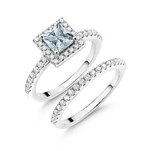 Gem Stone King 925 Sterling Silver Princess Sky Blue Aquamarine and White Moissanite Wedding Engagement Band Bridal Set Ring For Women (1.06 Cttw, Available In Size 5, 6, 7, 8, 9)