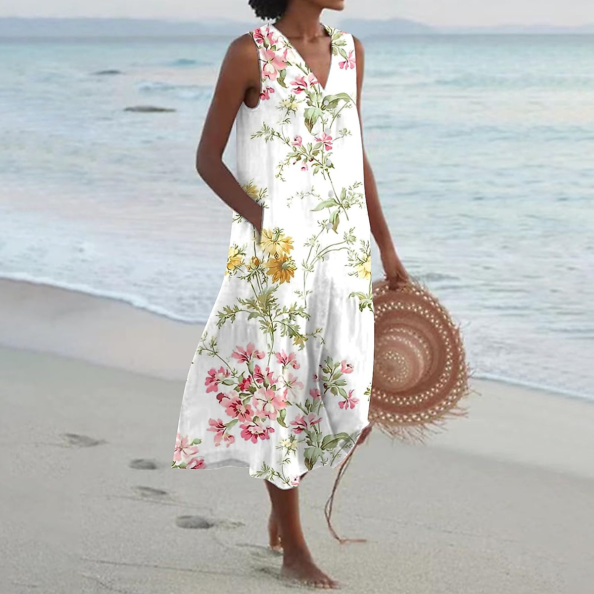 Maxi Dress Women House Dresses for Women with Pockets Curved Hem Sleeveless Summer Tank Lounge Camping Ruffle Print Cool Vneck Linen Dress Ladies Red Women's Casual Dresses Cotton Maxi Skirt