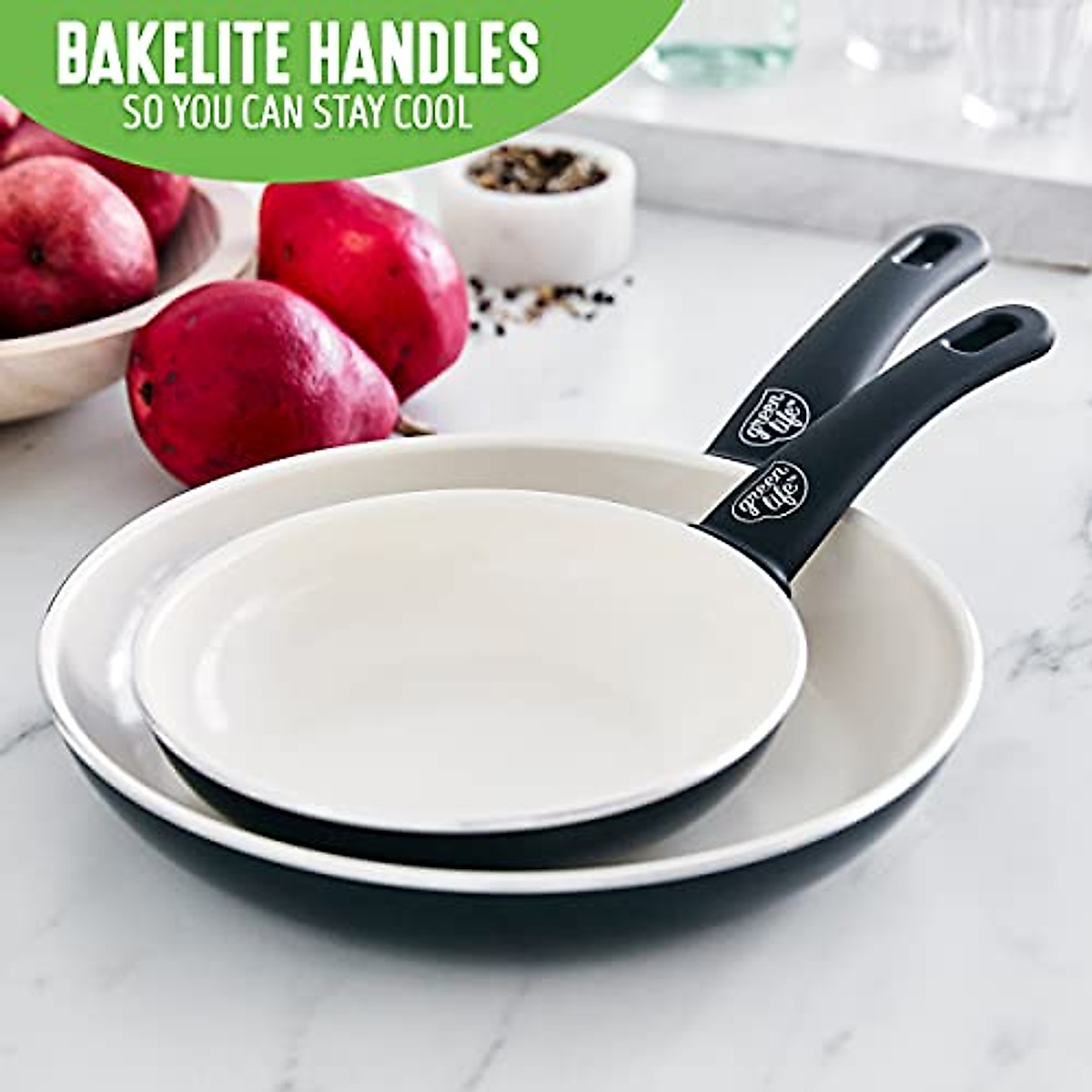 GreenLife Soft Grip Healthy Ceramic Nonstick 7" and 10" Frying Egg Omeltte Pan Skillet Set, PFAS-Free, Dishwasher Safe, Black and Cream