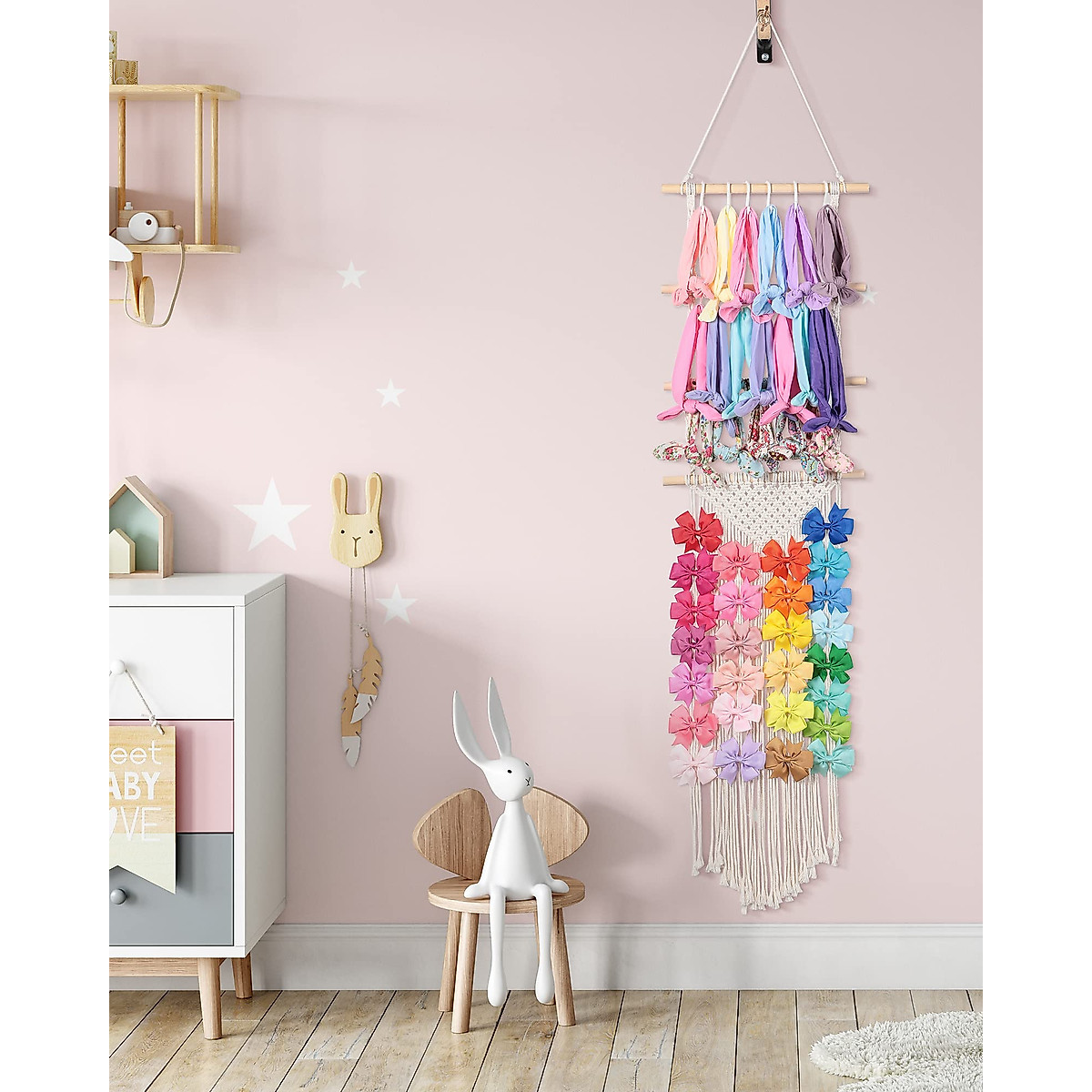 Headband and Hair Bows Holder Macrame Bow Organizer for Girls Hair Bows, Hair Bow Organizer Baby Headband Holder Hair Clip Organizer with 60 Plastic Hooks for Door Boho Wall Room, 13 x 50 Inch (White)