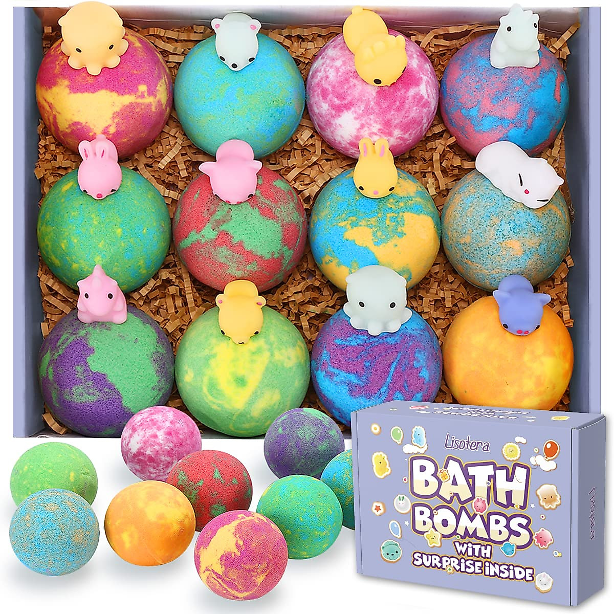 Bath Bombs for Kids with Toys Inside for Girls Boys - Lisotera 12Pcs Bulk Large Size Gift Set for Women Kids Safe Bubble Bath Fizzies Spa Fizz Balls Kit (Package May Vary)