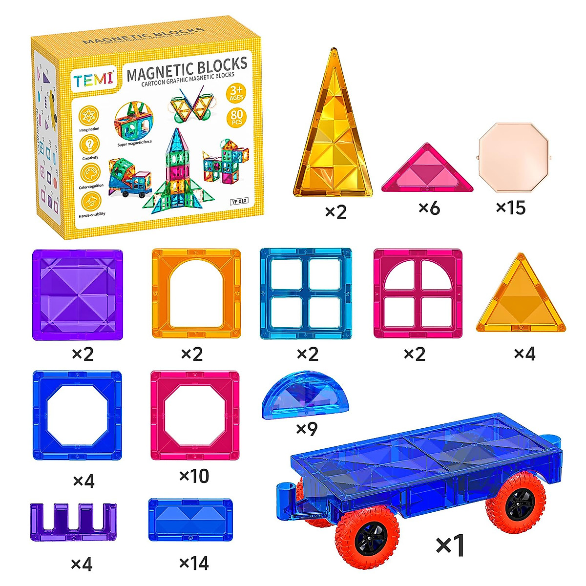 TEMI Magnet Tiles, Magnet Building Toy, Magnets Building Set, Learning and Education Toys Christmas Toy Gift for Ages 3 4 5 6 7 8+ Year Old Toddler Kids Boys and Girls (Magnet Tiles-80pcs)