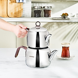 Karaca Manes Medium Turkish Teapot Set - Stainless Steel Teapot with Lid - (Turkish Tea Pot 1.35 Liters & Water Tank 1.95 Liters) - Non-Burning Bakelite Handles Midi Tea Maker & Induction Tea Kettle