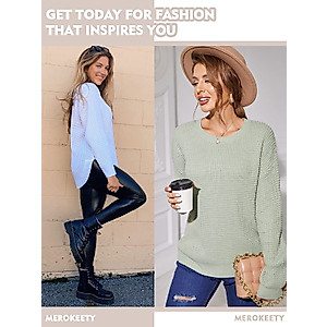 MEROKEETY Women's 2024 Long Sleeve Waffle Knit Sweater Crew Neck Solid Color Pullover Jumper Tops Beige