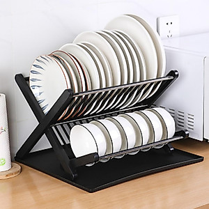DOITOOL Stainless Steel Dish Drying Rack for Kitchen Counter: 2-Tier Dish Drainer Kitchen Plate Rack with Drainboard - Foldable and Compact for Space-Saving Storage, Black