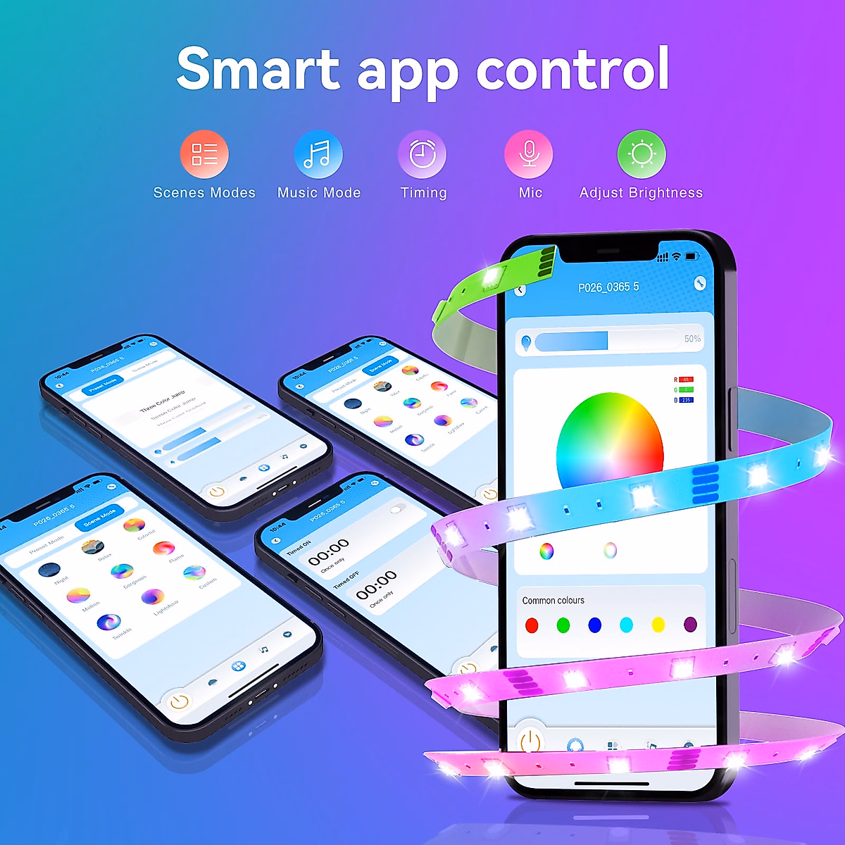 50ft Bluetooth LED Strip Lights, SMD5050 Music Sync LED Lights Strip，RGB Color Changing LED Lights with Remote, Smart Phone APP Control, LED Lights for Bedroom, TV, Room DIY (APP+Remote +Mic/50ftx1)