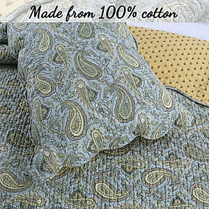 Cozy Line Home Fashions Classic Heritage Country Cottage 100% Cotton Reversible Quilt Bedding Set, Coverlet, Bedspread (Green Paisley, Queen - 3 Piece)