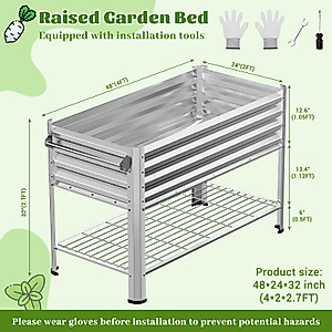 Pikorce Raised Garden Bed with Legs, 48x24x32in Outdoor Elevated Galvanized Metal Large Planter Box Stand with Drainage Holes for Backyard, Patio, Balcony, 400lb Capacity, Silver