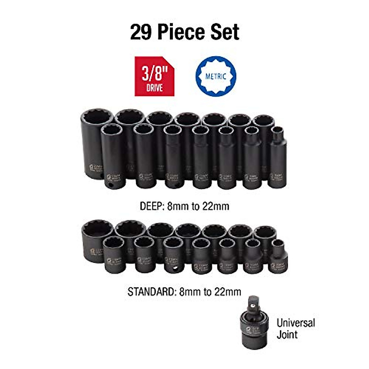 Sunex 3330, 3/8" Drive Master Impact Socket Set, 12 Pt., 29Piece, Metric, 8mm-22mm, Standard/Deep, Cr-Mo Steel, Heavy Duty Storage Case, Includes Universal Joint