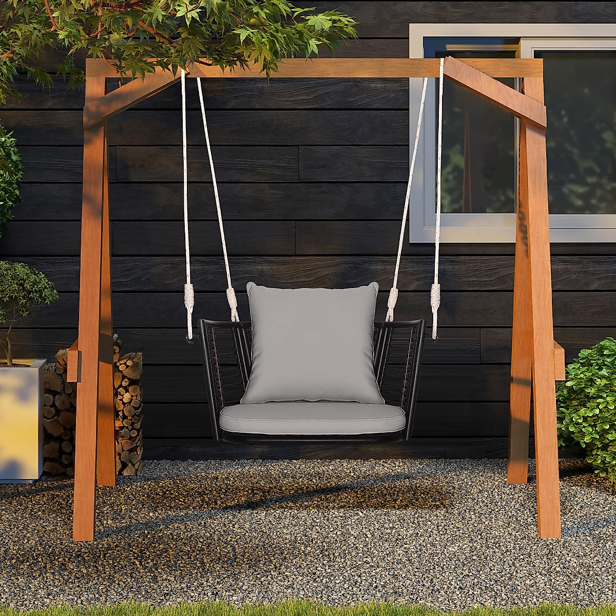 Tangkula Outdoor Metal Porch Swing, Single Person Hanging Seat w/Woven Rattan Backrest, 2 Sturdy Hanging Ropes, Seat & Back Cushions Included, Heavy-Duty Swing Chair for Front Porch, Backyard (Grey)