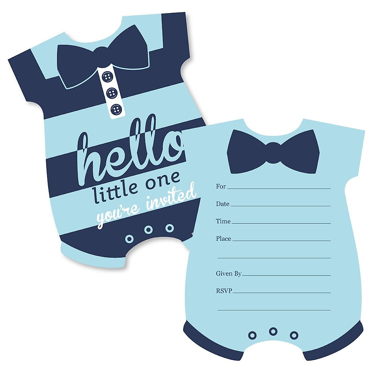 Big Dot of Happiness Hello Little One - Blue and Navy - Shaped Fill-In Invitations - Boy Baby Shower Invitation Cards with Envelopes - Set of 12