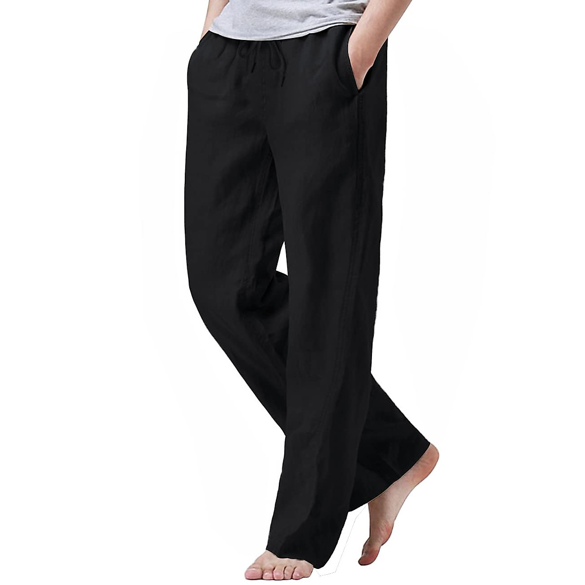 iWoo Mens Elastic Waist Drawstring Pants Summer Beach Pants Linen Yoga Pants Black XL